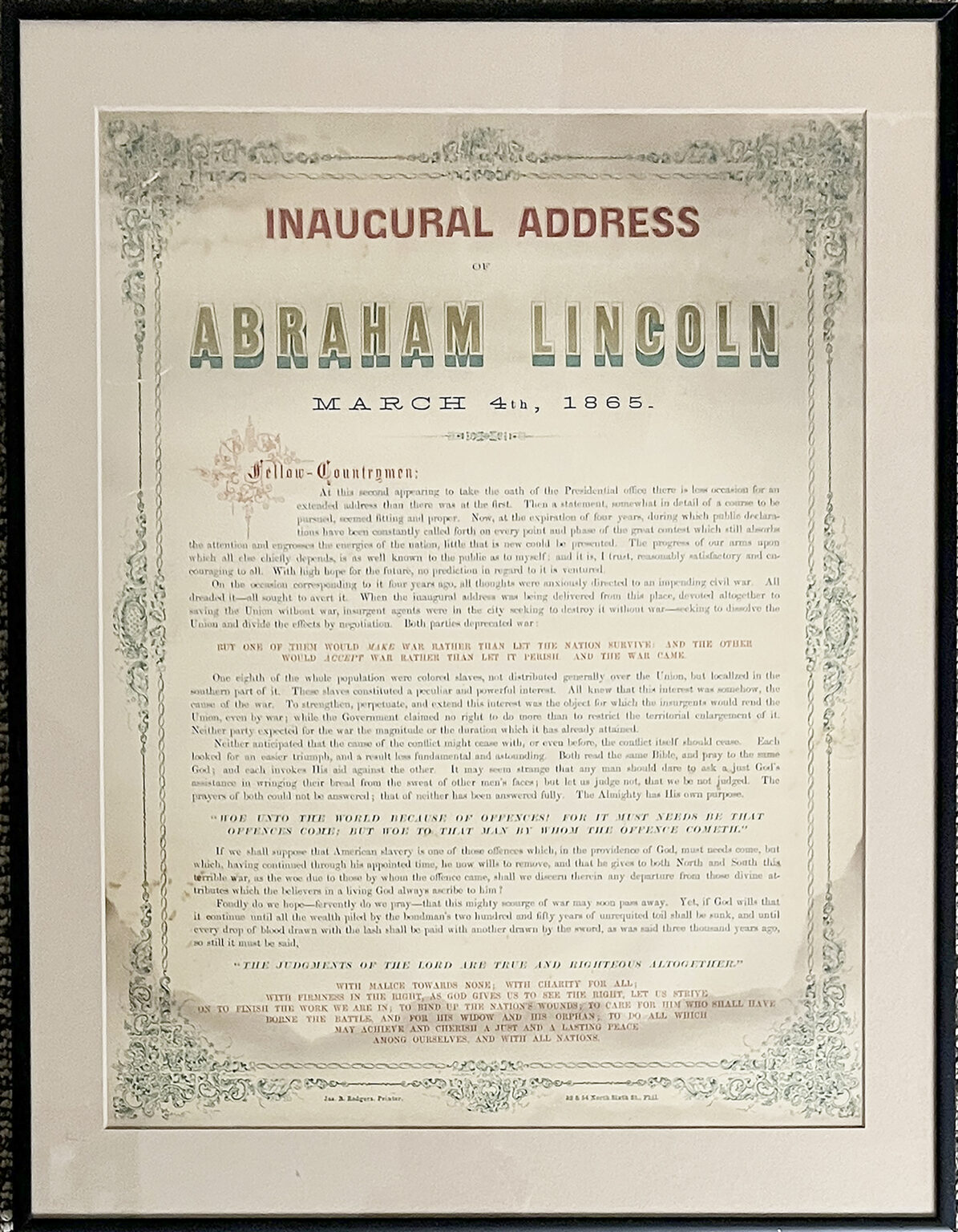 Jas. B. Rogers, Inaugural Address of Abraham Lincoln, March 4, 1865 ...